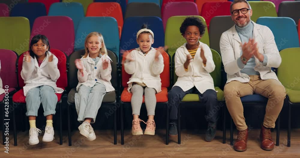 Applause, wow of teacher and science students learning in kindergarten ...