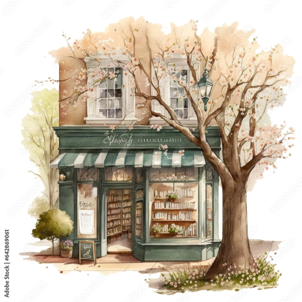 Bookstore building with a blooming tree, spring watercolor illustration ...