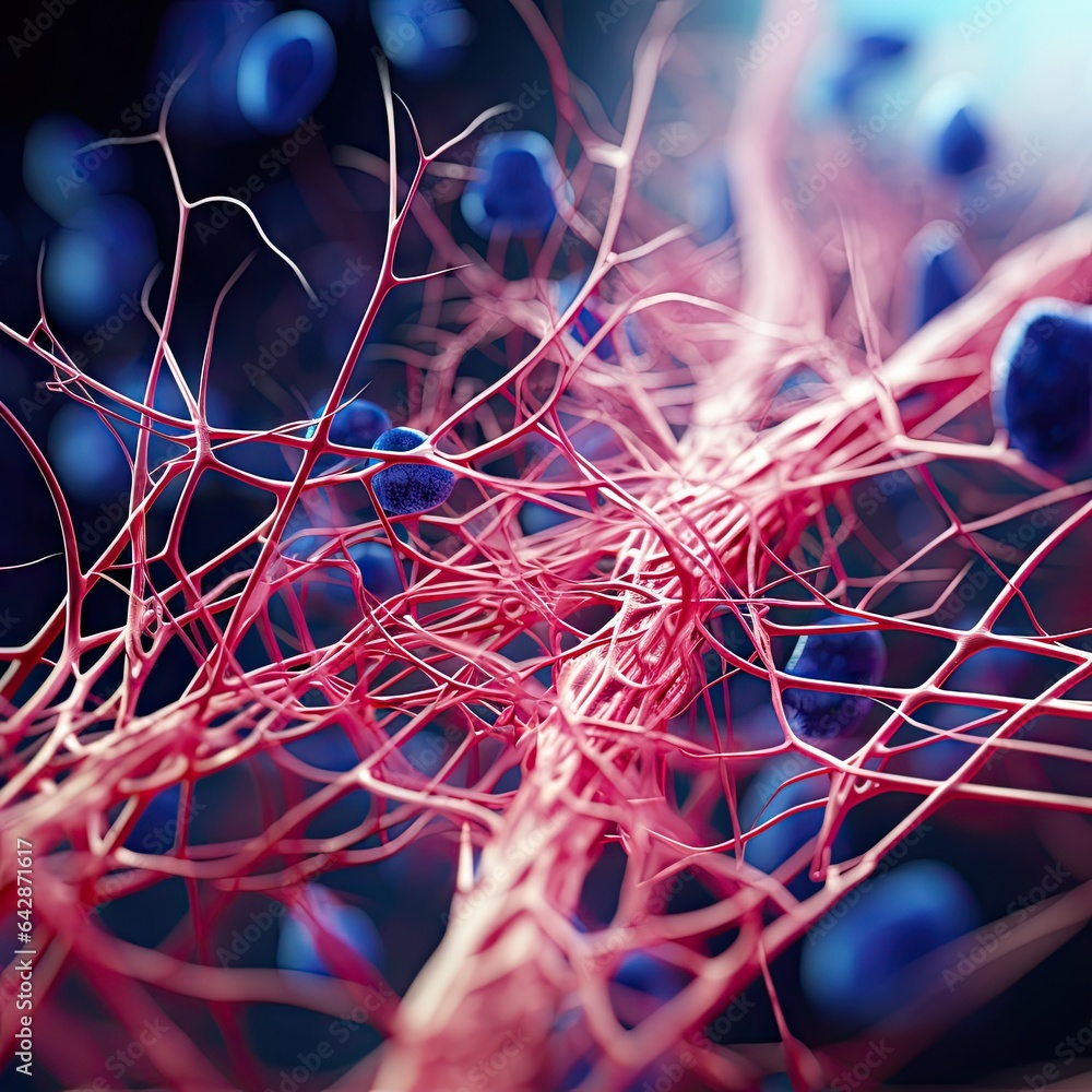 red and blue blood cells, with the arteries visible in the veins are ...