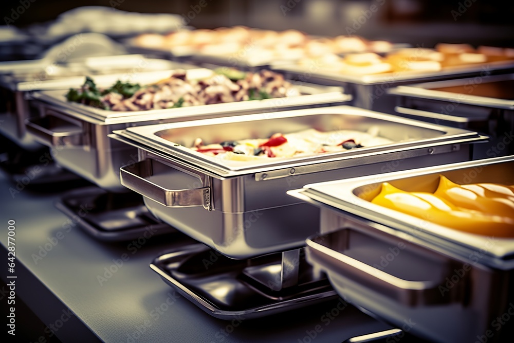 Buffet heated trays in line. Catering banquet in hotel. Breakfast and ...