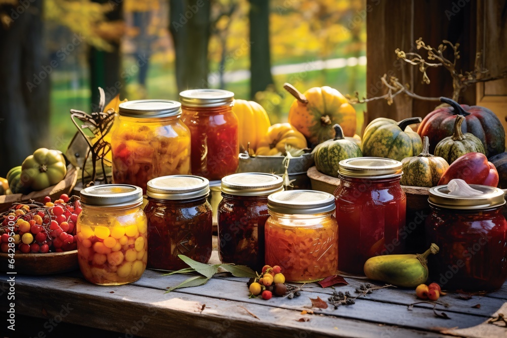 a close-up of golden-hued jars of homemade jams, jellies, and pickles ...