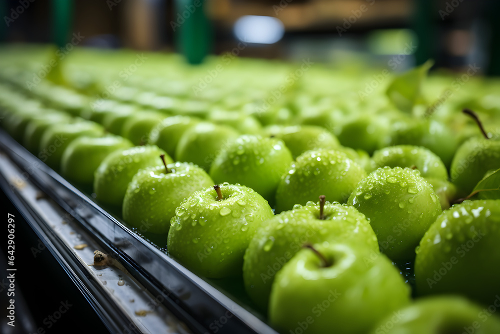 Apples in a food processing facility, clean and fresh, ready for ...
