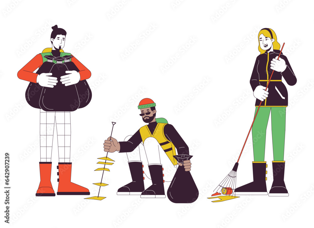 People cleaning neighborhood flat line concept vector spot illustration ...