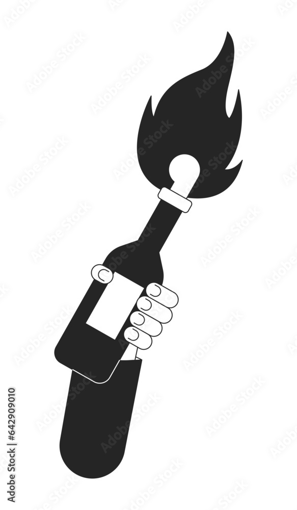 Molotov cocktail flat monochrome isolated vector hand. Glass bottle ...