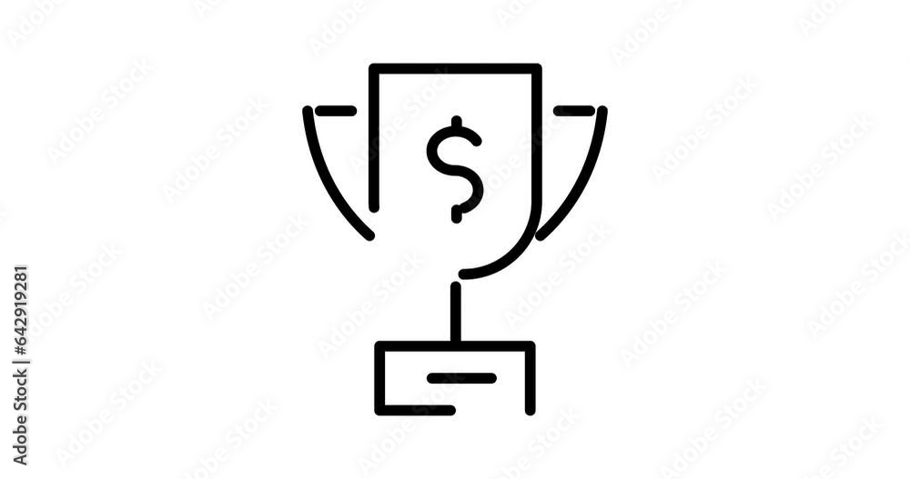 winner cup with dollar animated outline icon on white background ...
