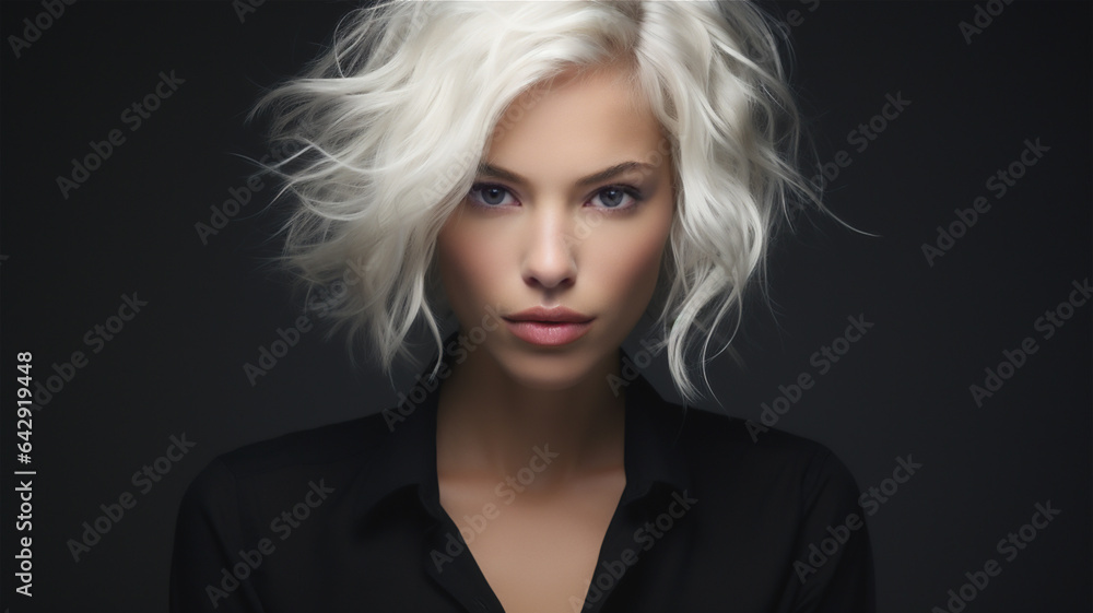 Studio portrait of a beautiful model with white hair, clear complexion ...