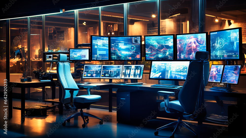 Digital command center with multiple screens and ergonomic chairs Stock ...