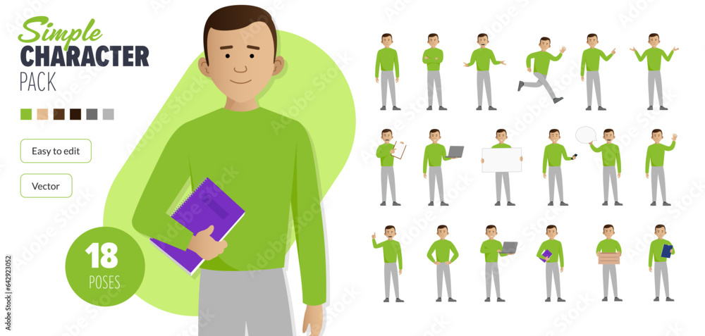 Simple flat male vector character in a set of multiple poses. Easy to ...