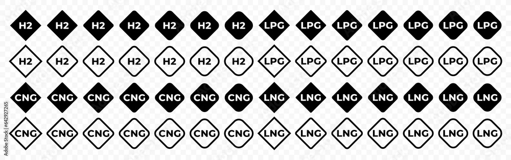 Marking of gas fuel types: H2, CNG, LPG, LNG vector design. Gaseous ...