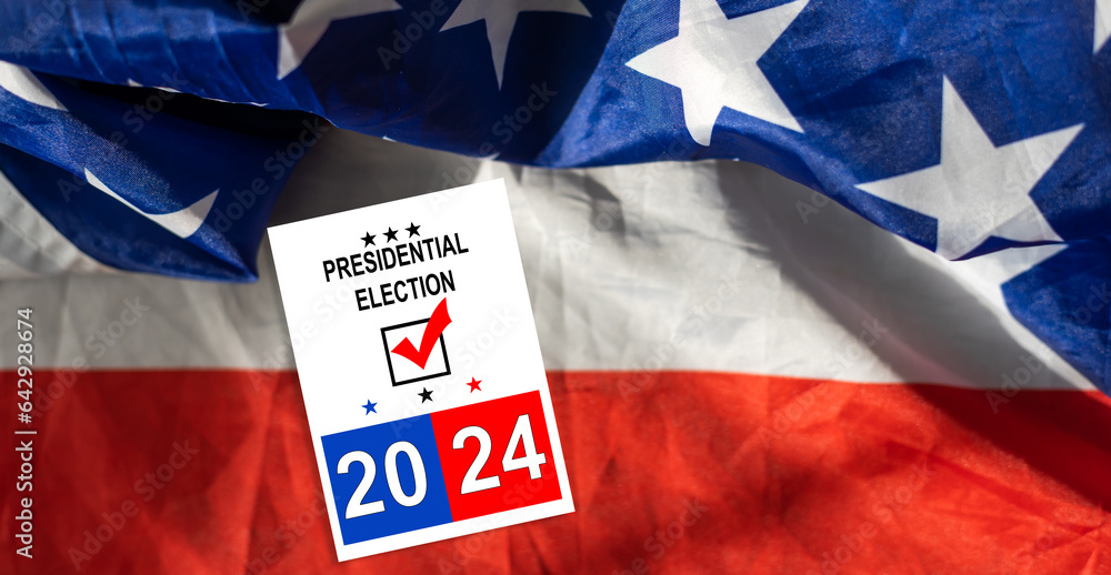 Presidential Election 2024 text on white paper over waving American ...