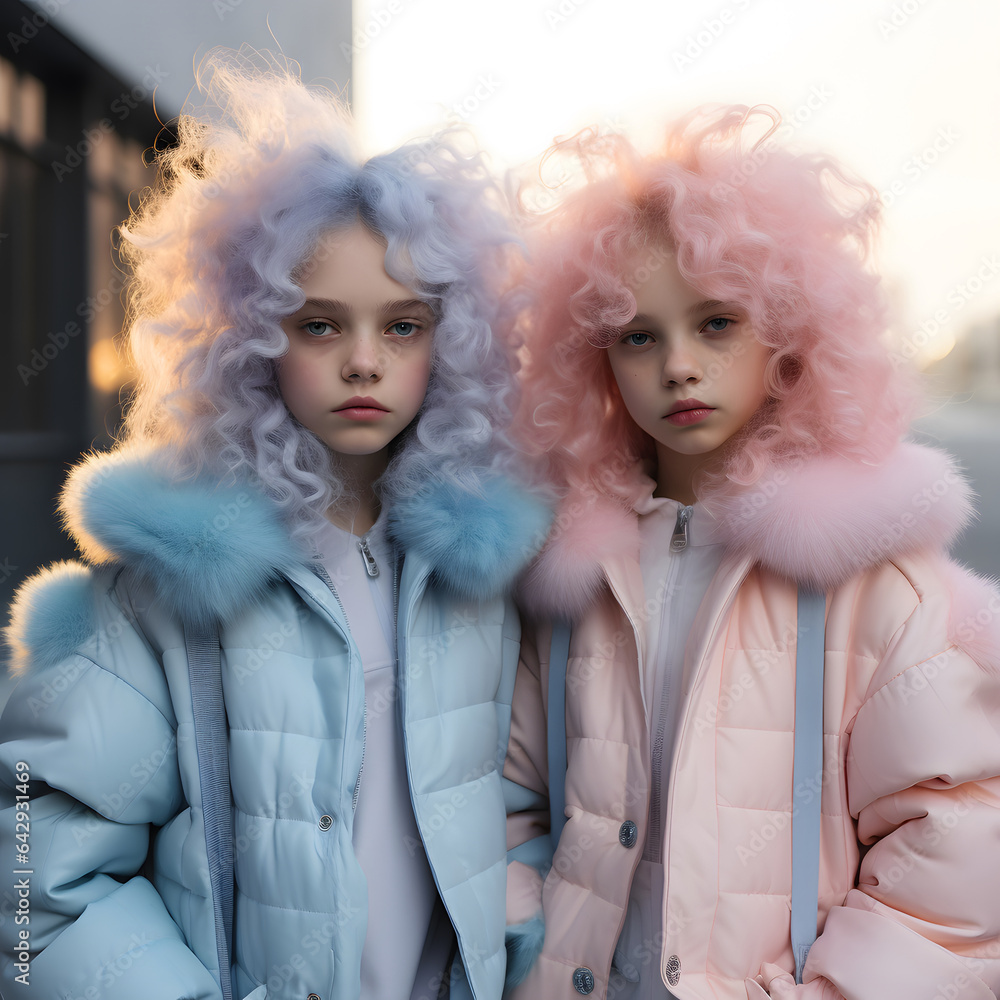 Two elementary school girls in pastel pink and blue winter jackets pose ...