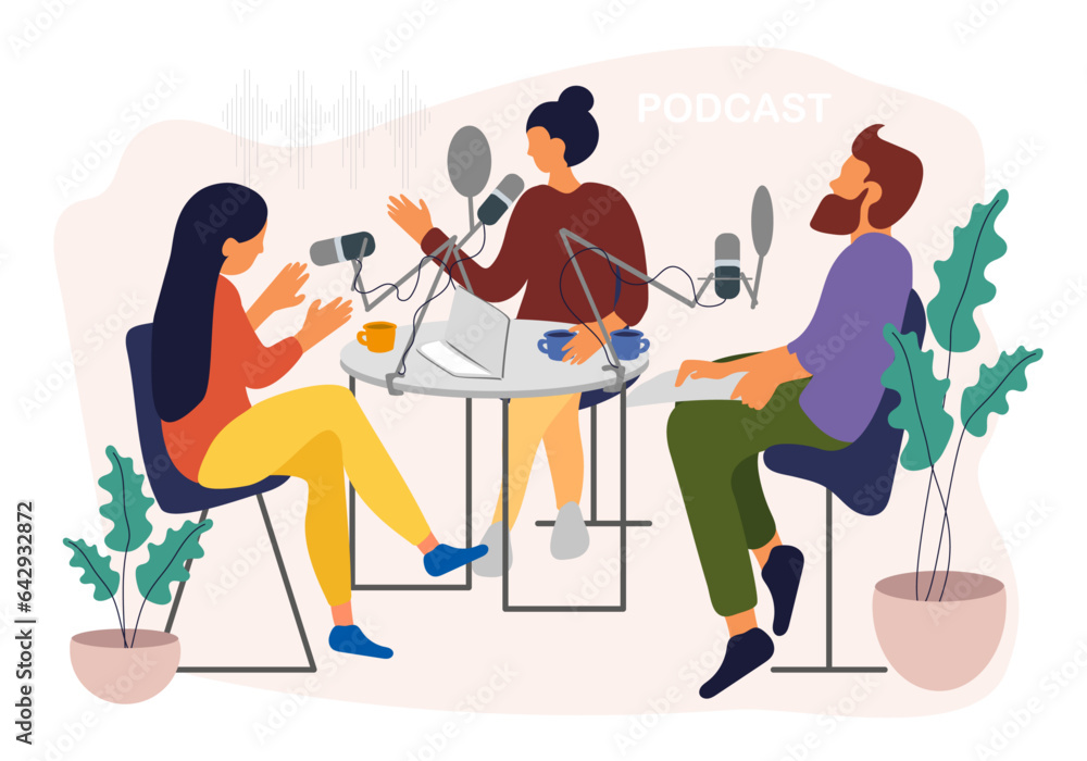 Radio hosts and guest, table laptop mic cup of coffee flat vector ...