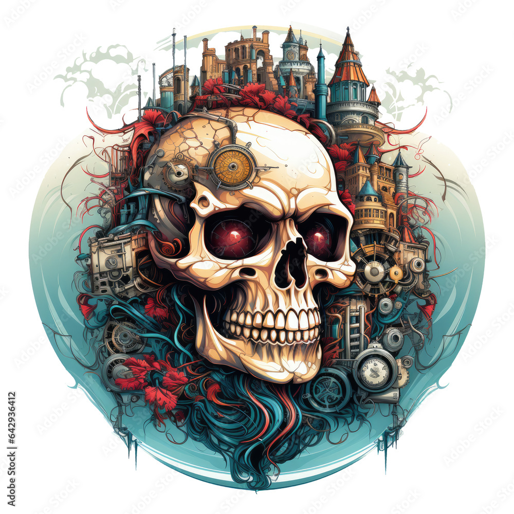 A skull head t-shirt design in a dreamy steampunk realm, with the skull ...