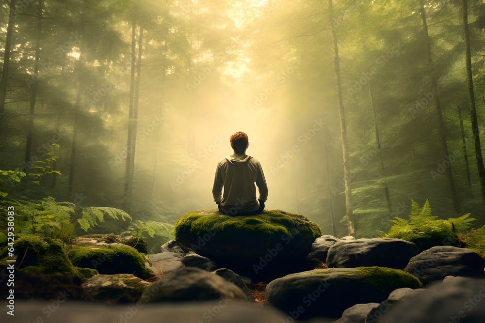 Inner Peace Amongst Nature A Person Meditating in a Tranquil Forest, Embodying Psychological ...