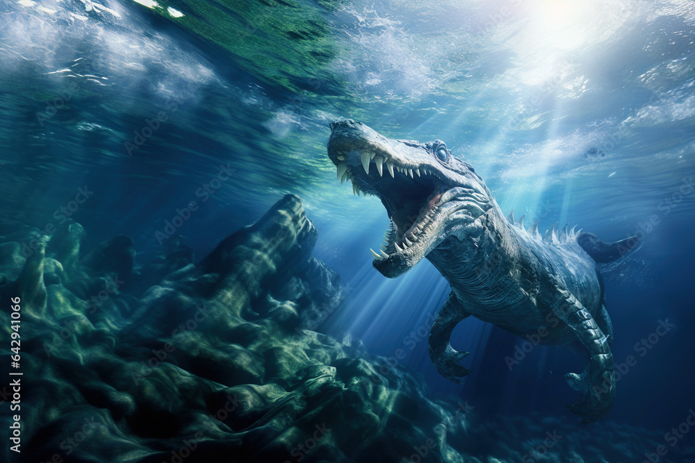 The Loch Ness monster (also known as Nessie) swimming underwater ...