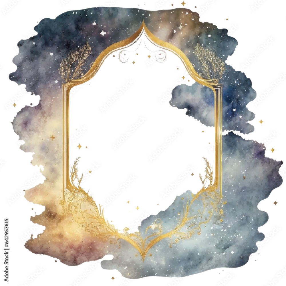 Celestial gold frame with clouds and stars, Night sky watercolor ...