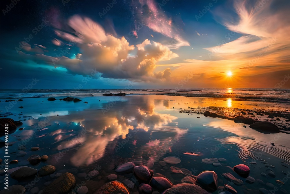 sunset at the beach, A flower made of galaxies of stars under the water ...