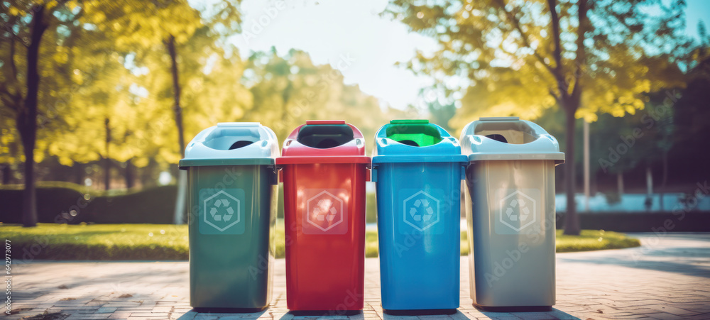 Plastic, glass, metal, and paper recycle bins, Trash cans for garbage ...