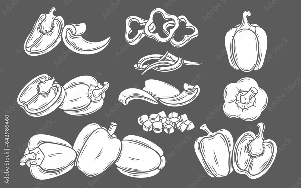 Bell pepper glyph icons set vector illustration. White stamps of sweet ...
