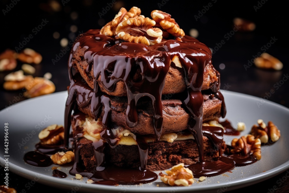 Stacked chocolate brownie cakes with walnuts and a melted chocolate ...