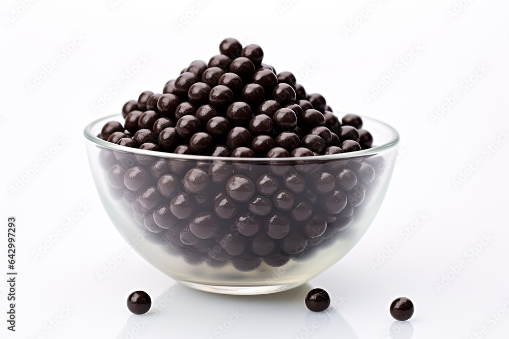 The black tapioca pearls intended for bubble tea are separated and ...