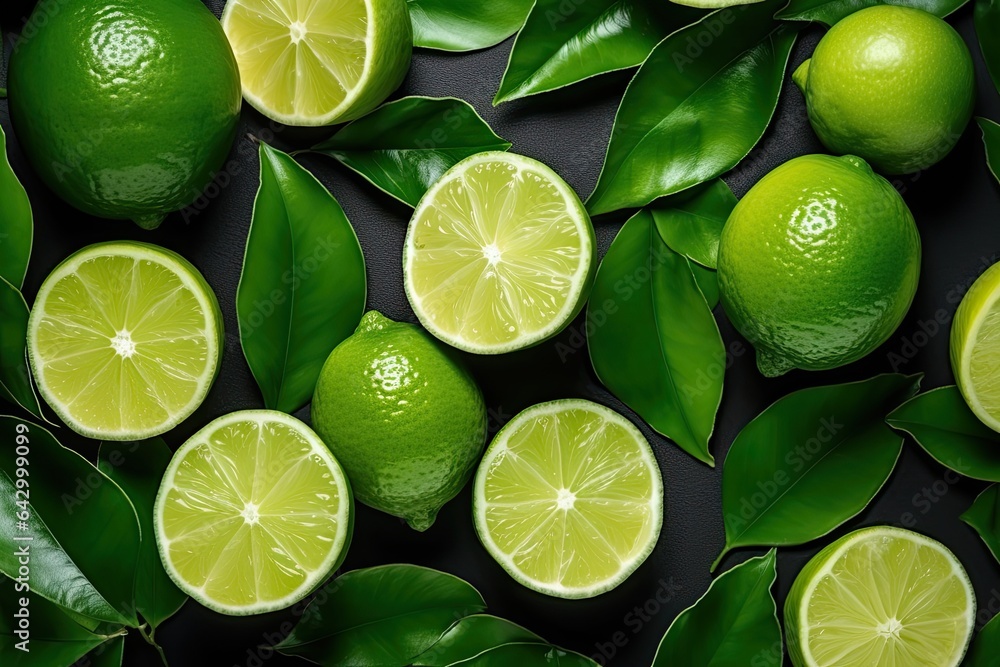 Top view of lime fruits with sliced pieces and green leaves, all set ...