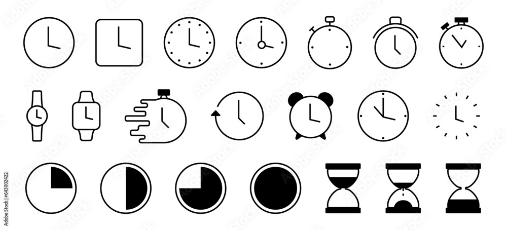 Time clock icons collection. Watch, time, stopwatch, clock icons. Set ...