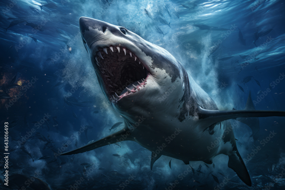 Scary megalodon (extinct prehistoric shark) under water Stock Photo ...