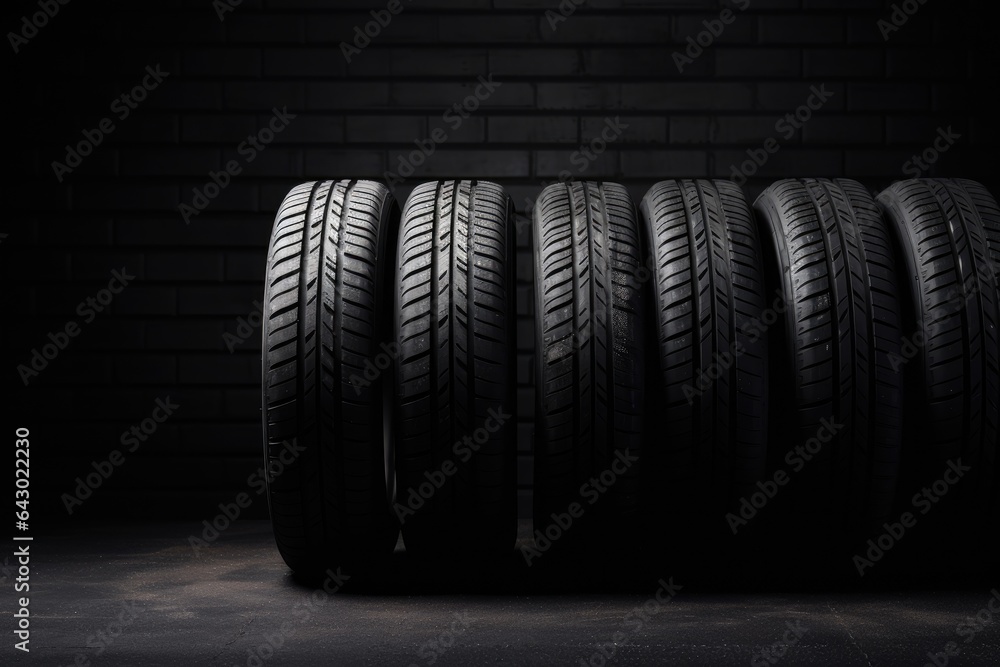 On a dark backdrop, there is a stack of brand new tires. The background ...