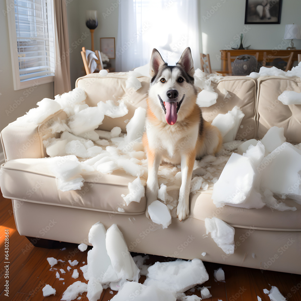 Dog sitting on the couch he just tore up while his owners were away. A ...