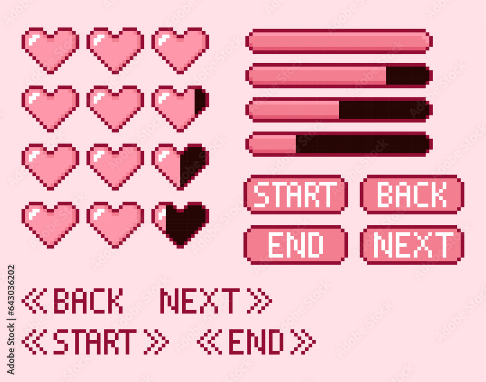 Game pixel health bar hearts UI - Pink theme (editable pixel squares ...