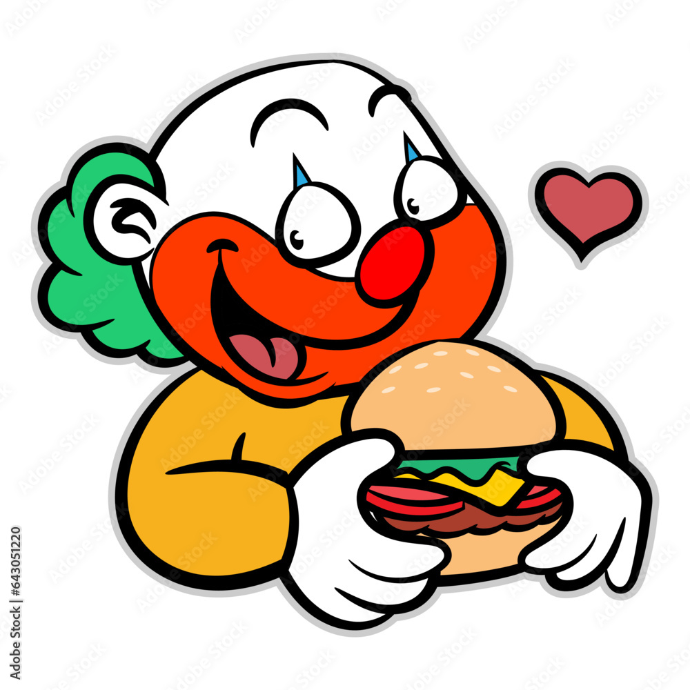 Cartoon illustration of a clown serving an hamburger with love. Best ...