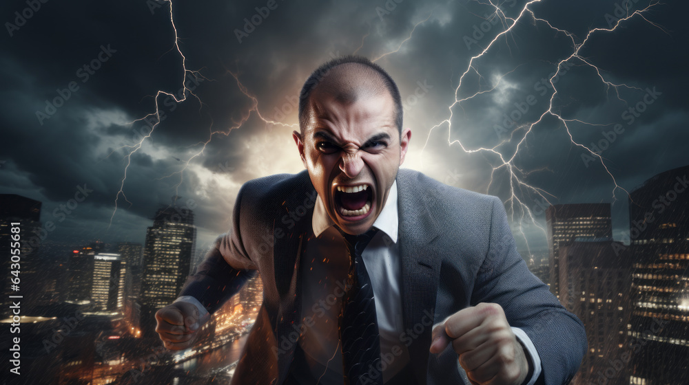 A very angry man. Businessman. Screaming. Sparks and electricity ...