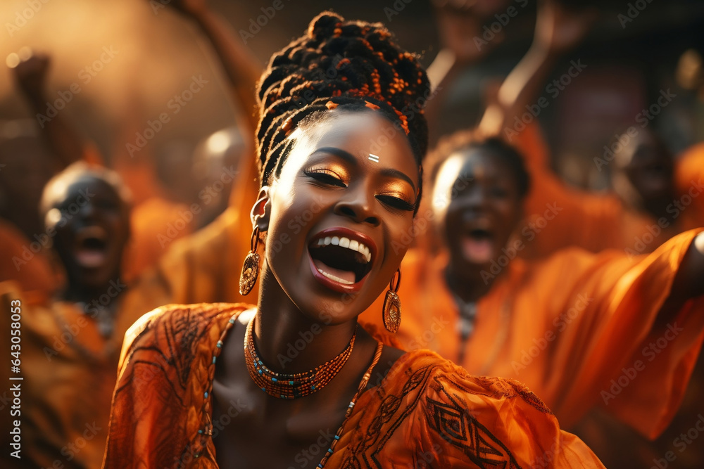 African American Women with Cornrows in orange clothes dancing and ...