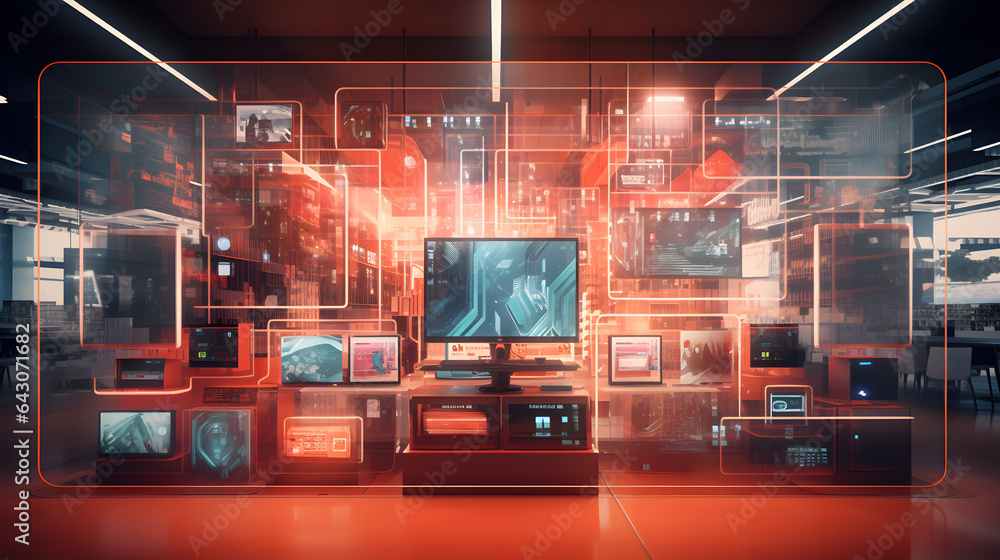 there is a display of electronic devices in a room with a red floor ...