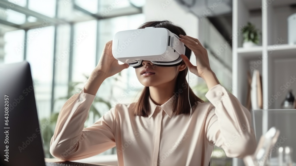 Asian woman Architect designer wearing VR headset for BIM technology ...