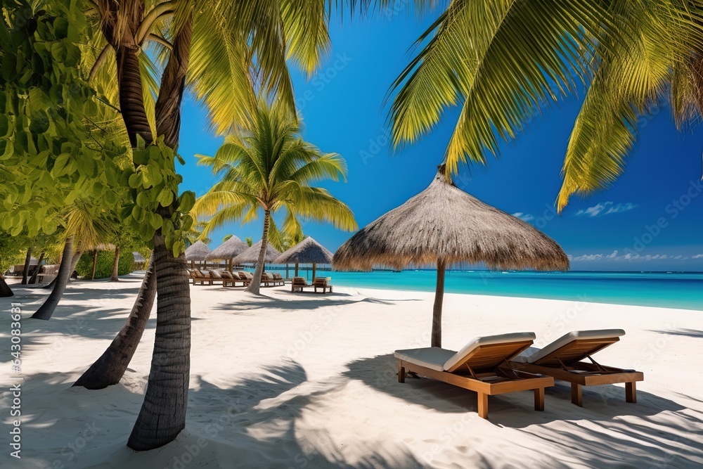 Beautiful sandy beach on island in shade of green palm trees and ...