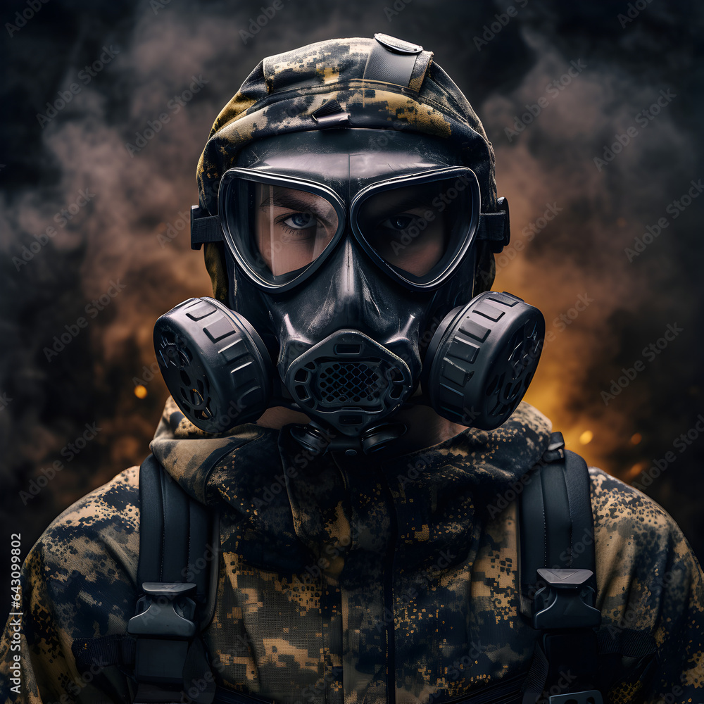 Man in the military wearing a biohazard suit and respirator. A concept ...