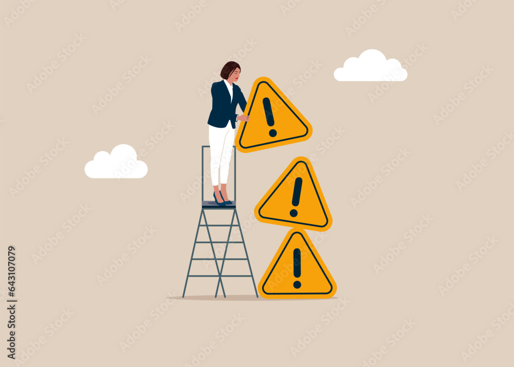 Girl collects pyramid of exclamation attention sign. Solving problem ...