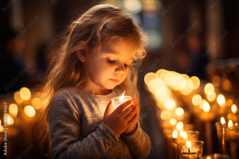 Christian child praying with candles in church, showing belief in jesus ...