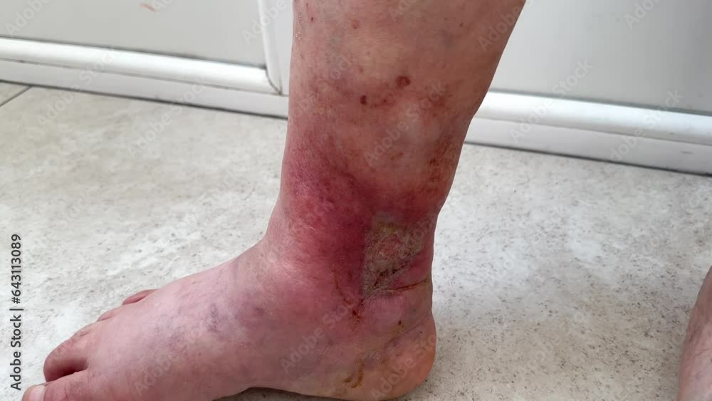 A man's swollen red leg has a large open wound that is beginning to rot ...
