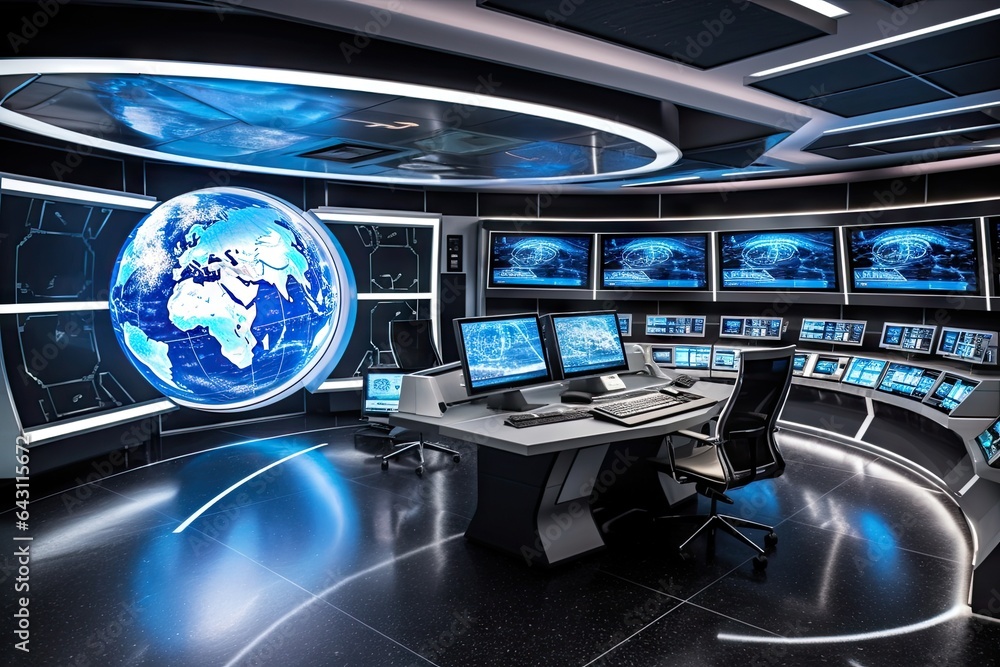 a computer room with multiple monitors and screens on the walls, all in ...
