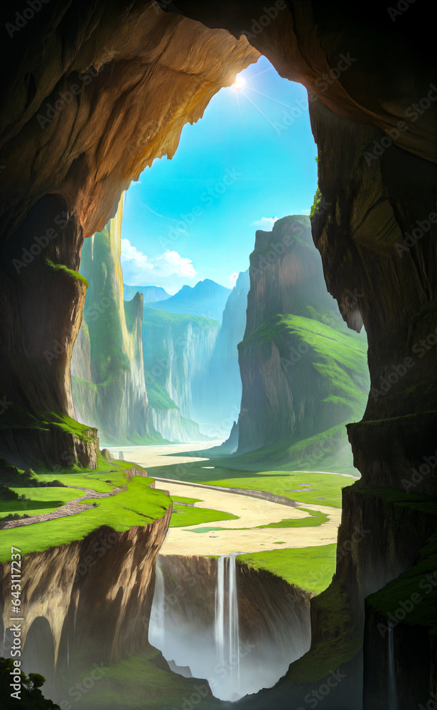 Cave opening to landscape, Scene in Cartoon-Realistic Style, Children's ...