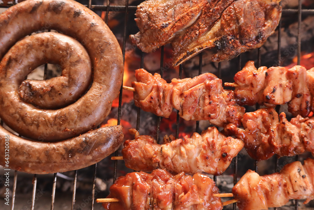 South African braai with boerewors, lamb chops and chicken kebabs meat ...