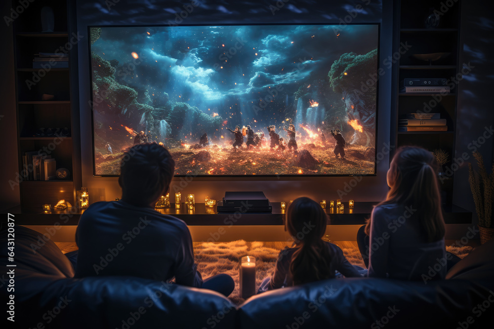 A family enjoying movie night with a large smart TV and streaming ...