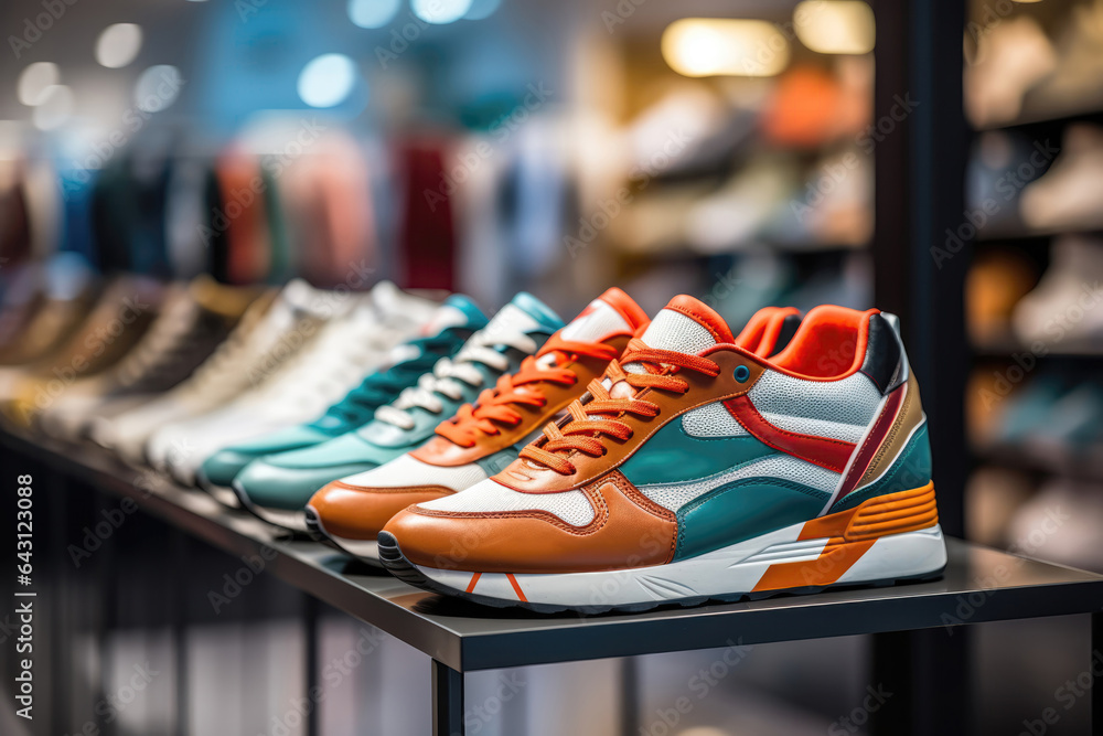 Closeup Of Sporty Sneakers Aligned On Store Shelf. Сoncept Sneaker ...