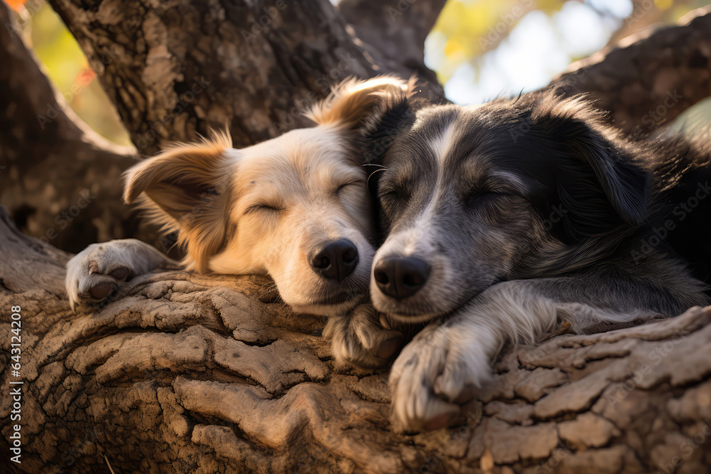 Old And Young Dogs Napping Together Under Tree. Сoncept Young Old Dogs ...