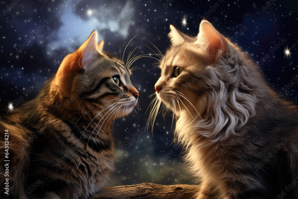 Nose To Nose Nuzzle Under Starlit Sky, Two Kitties In Love. Сoncept ...