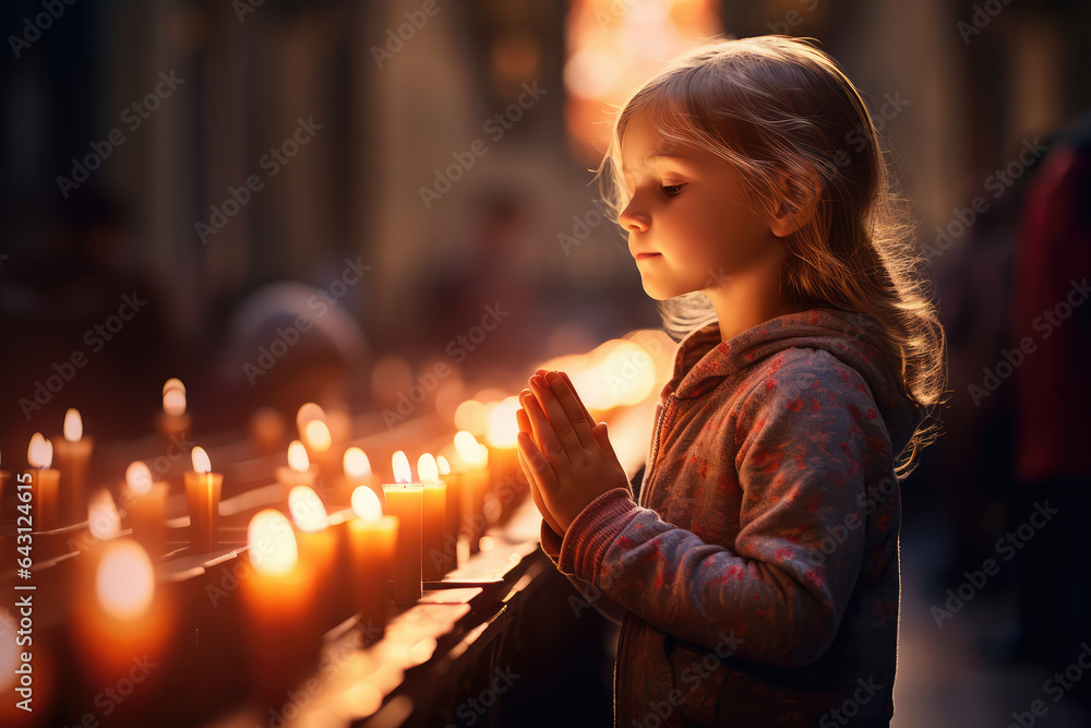 Christian child praying with candles in church, showing belief in jesus ...