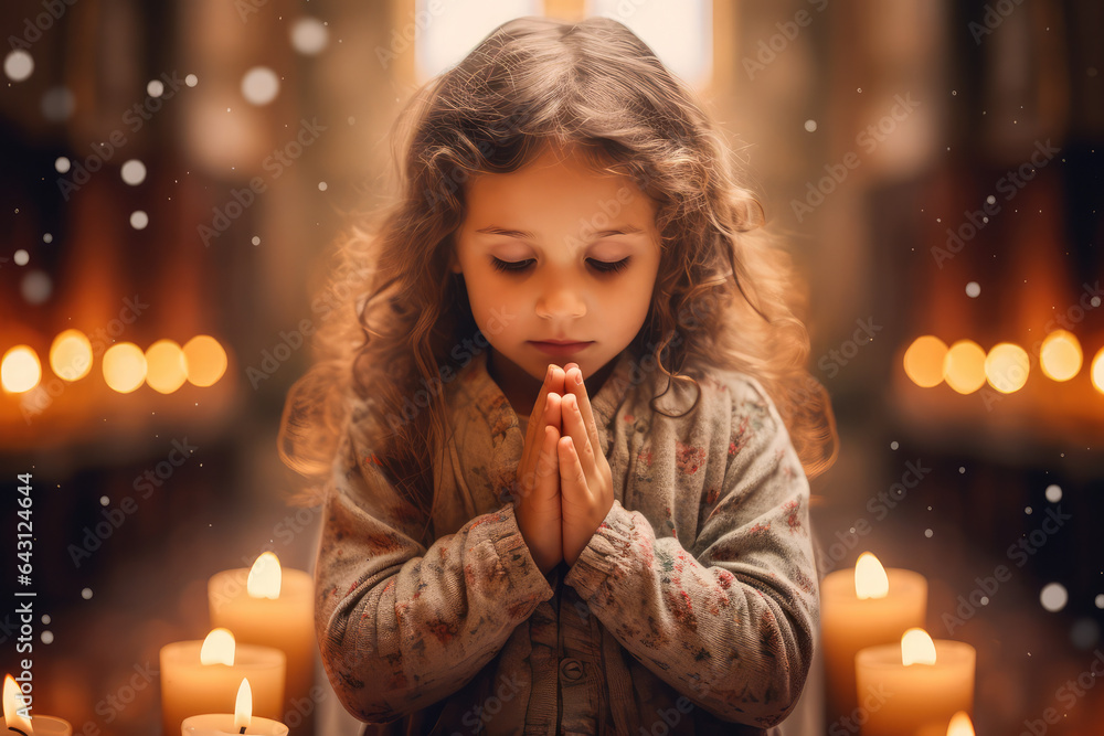 Christian child praying with candles in church, showing belief in jesus ...